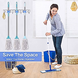 Broom and Mop Holder Wall Mounted, 3 Position 4 Hooks Garage Organization Holds up to 7 Tools, Stainless Steel Heavy Duty Broom Holder Organizer for Cleaning Supplies Organizer, Laundry Room Storage