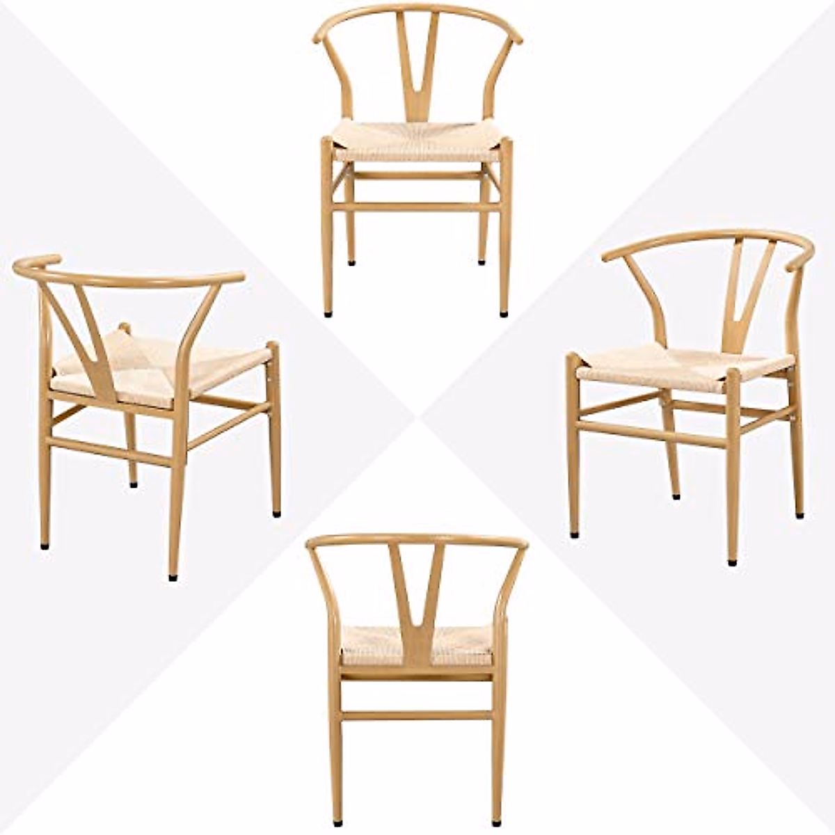 Yaheetech Set of 4 Weave Chair Mid-Century Metal Dining Chair Y-Shaped Backrest Hemp Seat, Wood Color
