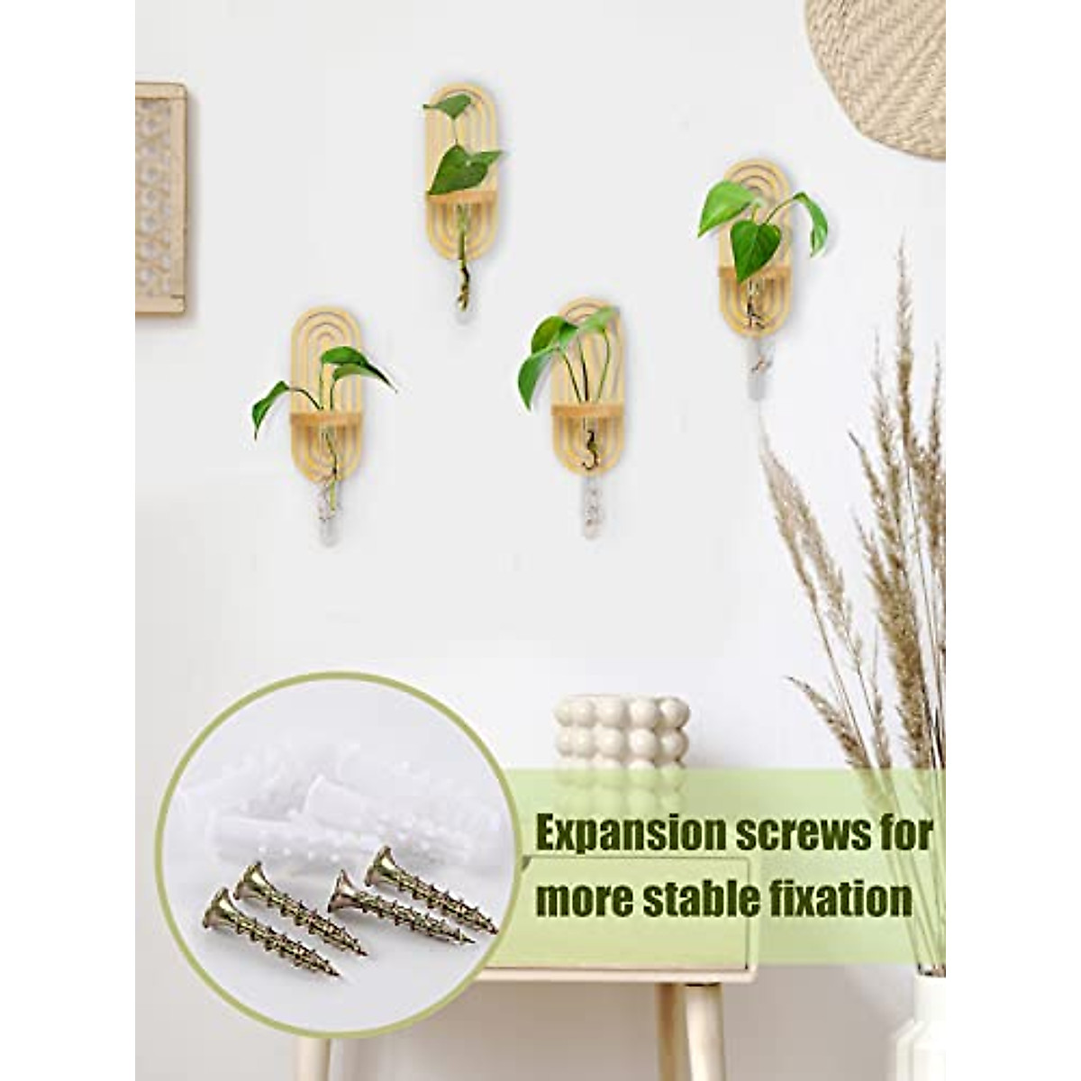 Biubee Plastic Wall Hanging Planter Tubes with Wooden Holders- 4 Set Separate Wall Mounted Propagation Plant Station Stable Hanging Test Tube Vase for Indoor Hydroponics Plants Home Office Decor