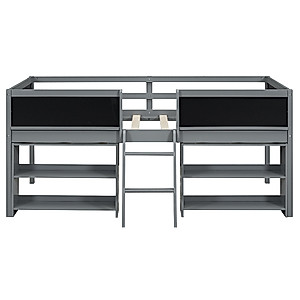 Twin Size Low loft Bed with Movable Shelves for Kids,Kids Low Loft Bed Frame with Guardrail Chalkboard and Storage,Solid Wood Loft Bed Twin for Boys,Girls(Gray)