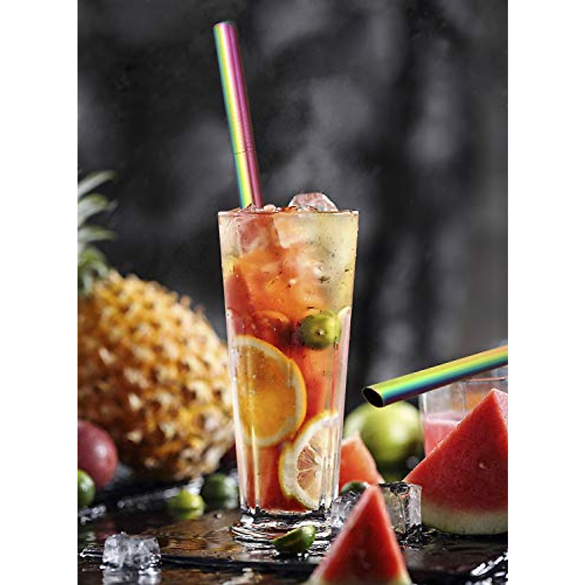 5 Pcs 10" Reusable Boba Straws & Smoothie Straws - Rainbow Colors & Angled Tips, 0.5" Wide Stainless Steel Straws, Metal Straws for Bubble Tea, Milkshakes, Jumbo Drinks | 2 Cleanning Brushes & 1 Case