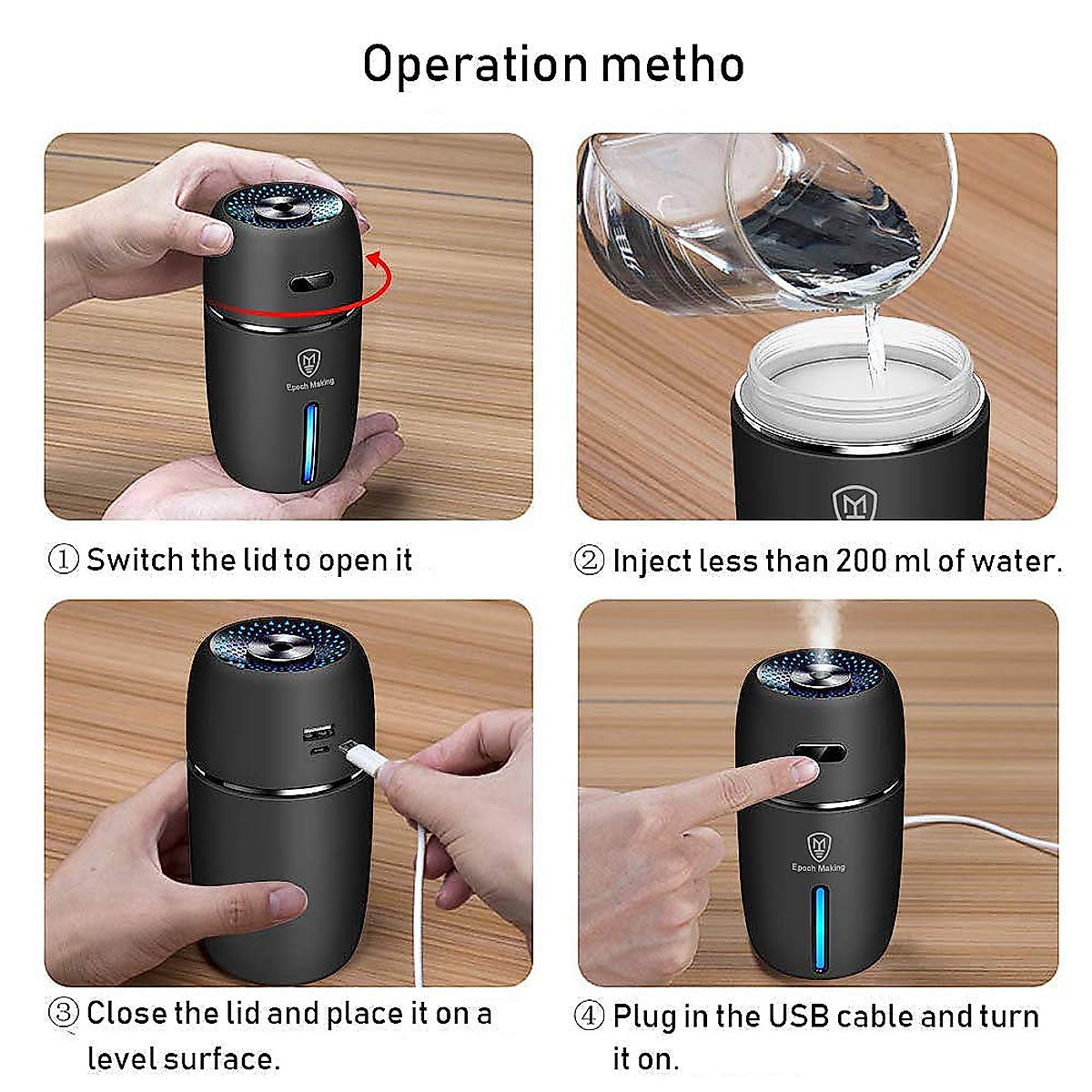 Epoch Making USB Car Humidifier, 200 Milliliter Mini Portable Humidifiers Air Purifier with 7 Colors LED Night Light, Quiet Operation, Adjustable Mist Modes for Travel Home Baby Office Car (Black)