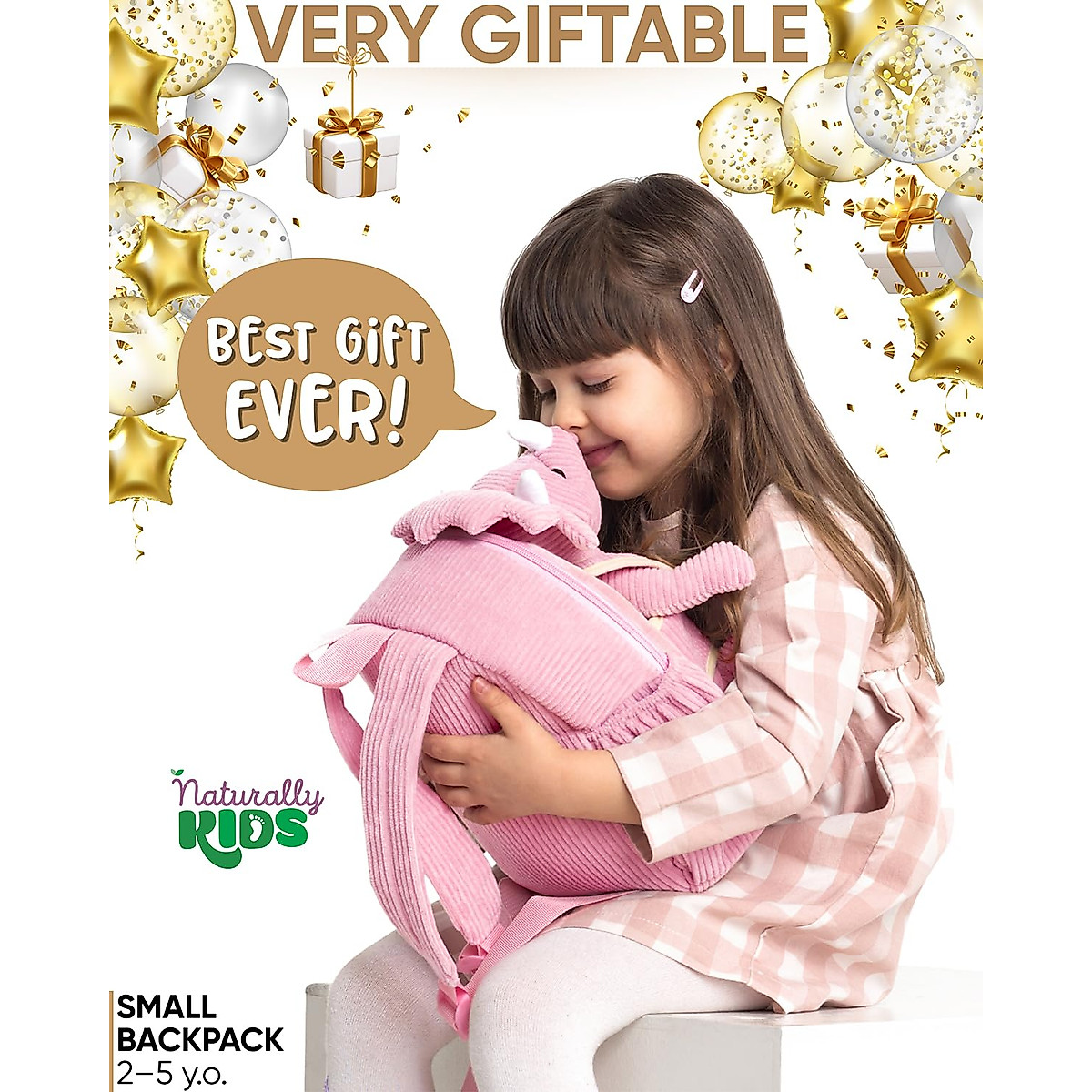 Naturally KIDS Pink Dinosaur Toys for Girls, Triceratops Toy, Dinosaur Gifts for 2 3 Year Old Girls, Toddler Backpack