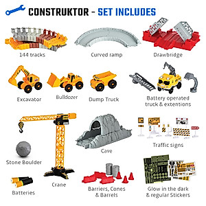 JITTERYGIT Dino Track Train and Construction Track Site Christmas Bundle Gift, Glow in The Dark Playset Racing Play Site Set,Cool Racetrack Present for Children, Ages 3 4 5 6 7 8 9 Years Old