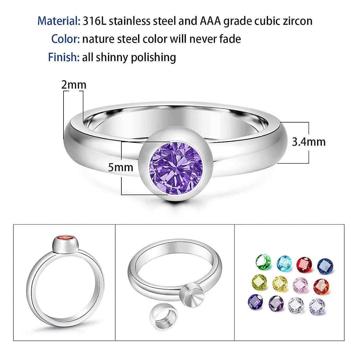Birthstone Rings for Women CZ Crystal Rings for Girls Stainless Steel Rings Cute Pinky Ring for Teen Girls Aesthetic Jewelry