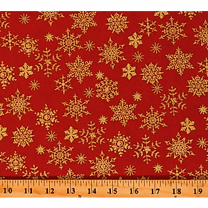 Cotton Holly Jolly Christmas Winter Metallic Gold Snowflakes on Red Cotton Fabric Print by The Yard (D402.60)