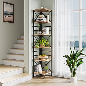 Buytime Corner Bookshelf, Corner Bookshelf for Living Room. 6-Tier Rustic Wooden Corner Bookshelf with Metal Frame, Corner Book Shelf, Tall Corner Shelf, Metal Corner Shelf