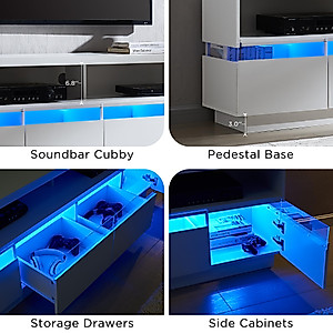 T4TREAM LED TV Stand for 75 Inch TV, Modern Gaming Entertainment Center with LED Lights, Media Storage Console Table with Large Sliding Drawers & Side Cabinets for Living Room, Solid White, 66 Inch