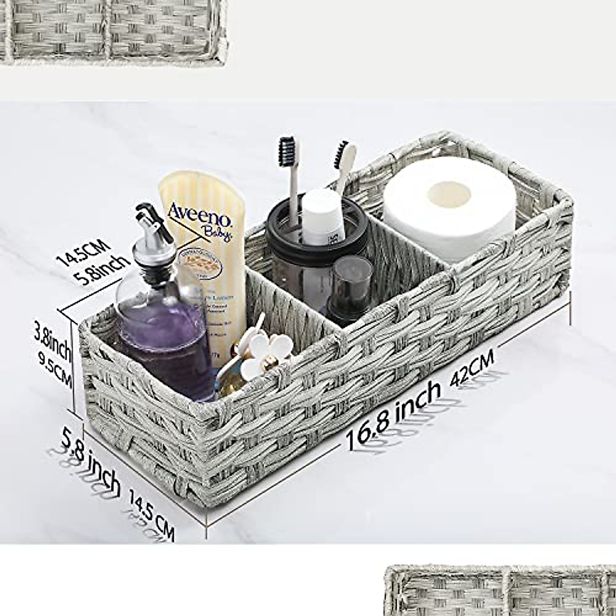 [Larger Compartments] Toilet Tank Topper Paper Basket - Multiuse Hand Woven Plastic Wicker Basket with Divider for Organizing, Rustic Farmhouse Bathroom Decor, Countertop Organizer Storage, Gray Wash