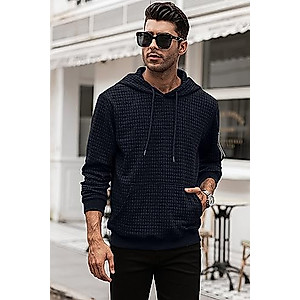 JMIERR Mens Waffle Hoodie Long Sleeve Drawstring Plaid Jacquard Hooded Zip Pockets Sweatshirt, US 46(XL), Blue