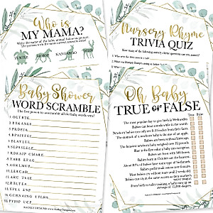 25 Greenery Word Scramble For Baby Shower, 25 True Or False Game, 25 Baby Animal Matching, 25 Nursery Rhyme Game - 4 Double Sided Cards Baby Shower Ideas, Baby Shower Party Supplies