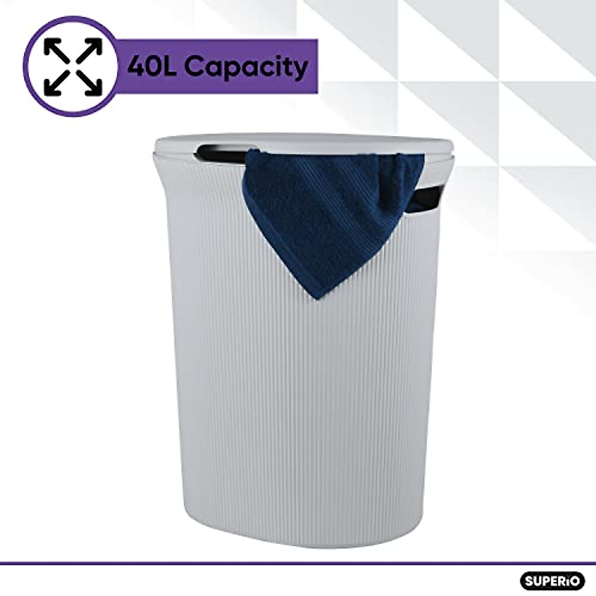 Superio Ribbed Collection - Decorative Plastic Laundry Hamper with Lid and Cut-Out Handles, White Smoke (1 Pack) Basket Organzier for Bedroom Bathroom College Dorm Room 40 Liter