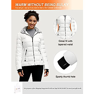 SLOW DOWN Women Midweight Down Puffer Jacket, Warm Hooded Winter Down Jacket for Women with Faux-Fur Hood & Collar (White, L)