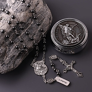 HanlinCC Saint Michael the Archangel Hematite Black Stone Beads Rosary Necklace with Metal Gift Box for Men