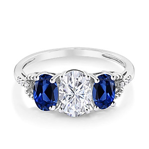 10K White Gold Created Sapphire Moissanite from Charles & Colvard and Diamond 3 Stone Women Engagement Ring (2.12 Cttw, Available In Size 5, 6, 7, 8, 9)