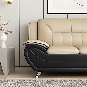 Container Furniture Direct Michael Modern Faux Leather Upholstered Stainless Steel Legs Living Room Loveseat, Camel/Black