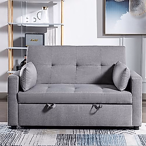 Haplized Loveseat Sleeper Sofa Bed, Light Grey Linen Fabric Convertible Sleeper Sofa with Pull-Out Couch Bed & Adjustable Cushions Backrest, Reclining Loveseat with Side Pocket for Living Room