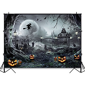 Avezano Halloween Photography Backdrop Full Moon Scary Night Castle Pumpkins Party Background Spooky Witch Bats Cemetery Child Kids Halloween Party Decorations Photoshoot Backdrops (7x5ft, Gray)