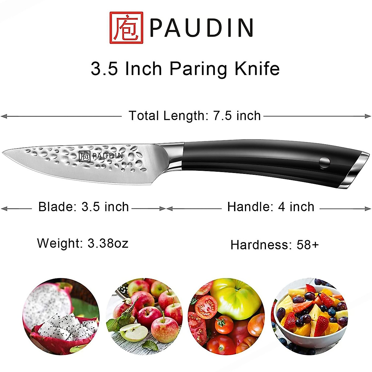 PAUDIN Paring Knife, 3.5 Inch Paring Knives for Kitchen, Fruit Knife, Tomato Knife, Sharp High Carbon Stainless Steel Fruit Carving Knife with Ergonomic ABS Handle, Handcrafted Peeling Knife