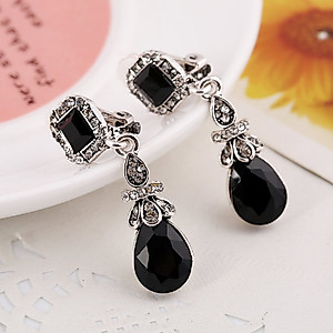 Bridal Vintage Earring Long Resin Rhinestone Clip on Earrings Without Piercing For Women (Black)