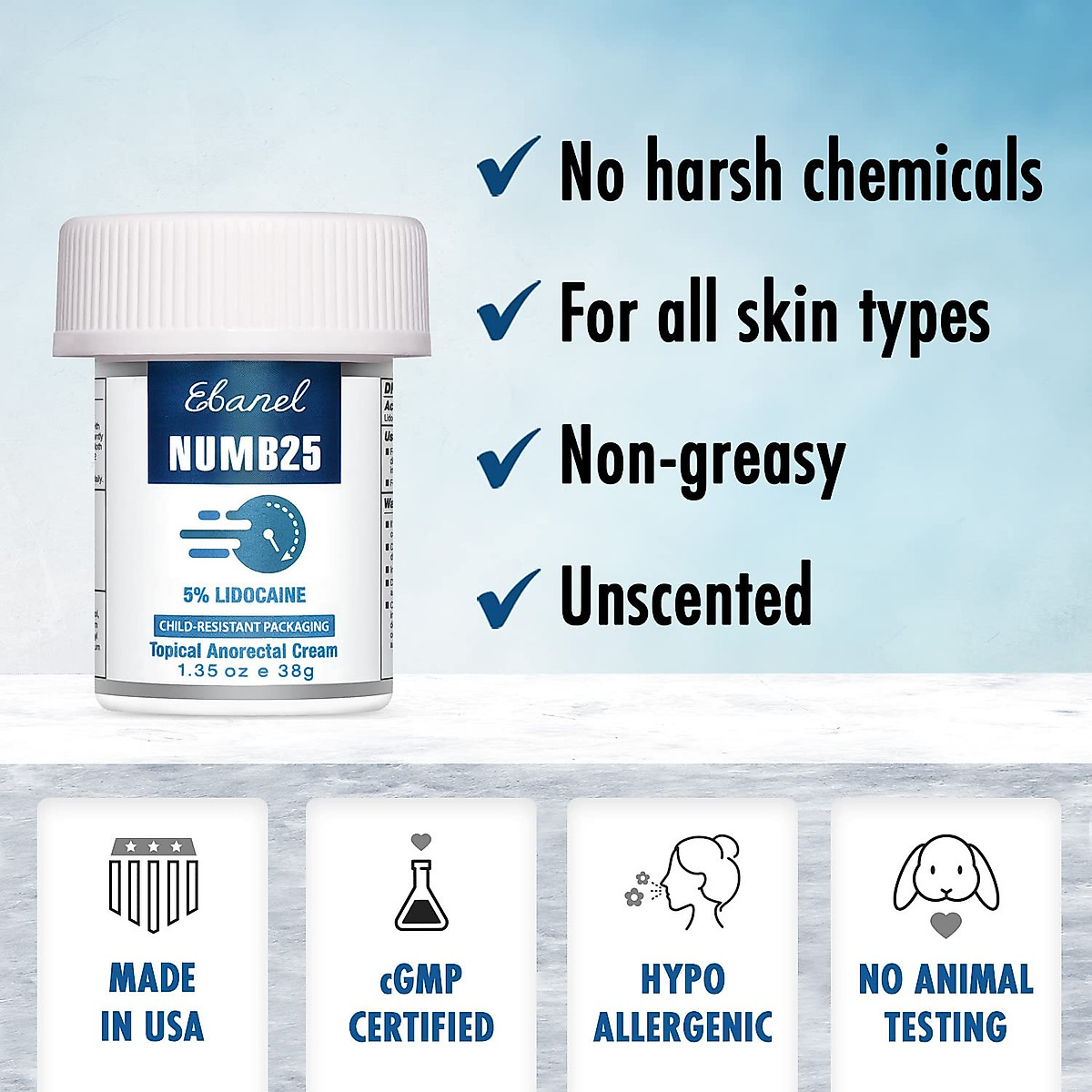 Ebanel 5% Lidocaine Numbing Cream, Pain Relief Burn Itch Numb Cream, Maximum Strength Numb25 Topical Anesthetic with Allantoin, Vitamin E for Local and Anorectal Uses, Hemorrhoid Treatment, 1.35 Oz