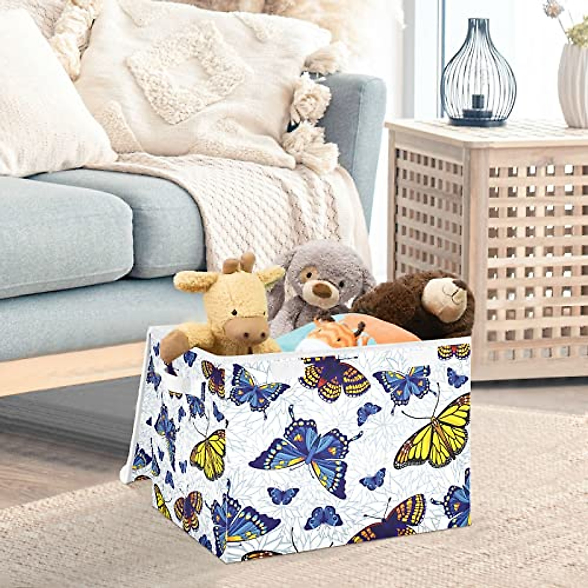 innewgogo Blue Yellow Butterflies Storage Bins with Lids for Organizing Dust-proof Storage Bins with Handles Oxford Cloth Storage Cube Box for Living Room