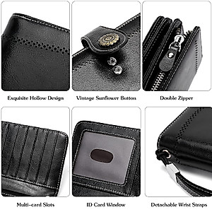 BOSTANTEN Laptop Backpack Purse for Women Genuine Leather Backpack Travel Bag and Womens Wallet Genuine Leather Large Capacity Wristlet Clutch Purse Credit Card Holder with RFID Blocking Black