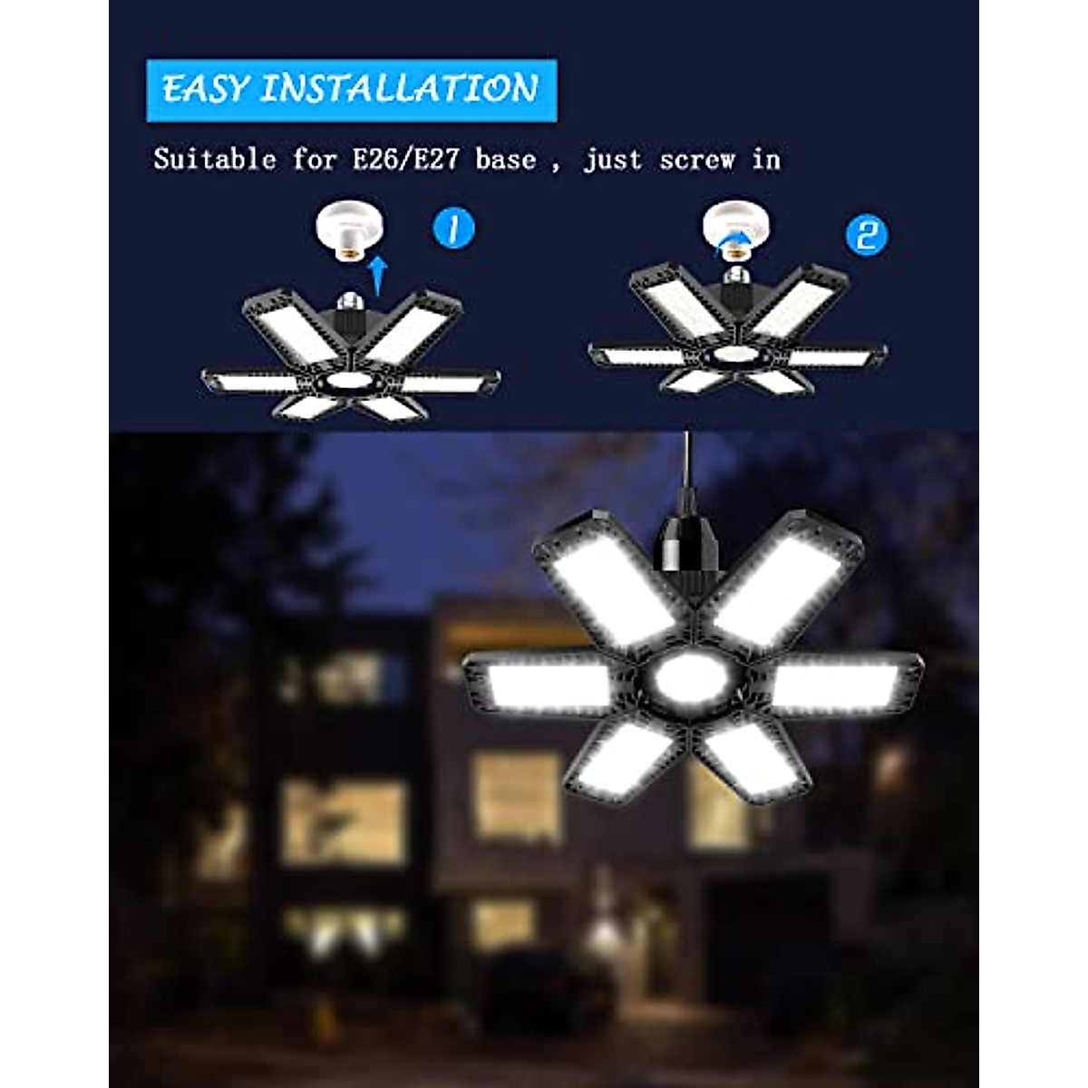 YIBEYYDS Garage Light 2 Pack,185W 18500LM 6500K LED Garage Light Garage Lights Ceiling LED with 6+1 Adjustable Panels,LED Garage Ceiling Lights Support E26/E27 for Garage,Barn,Workshop,Basement