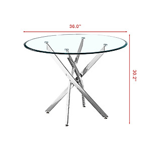 Pvillez Contemporary Dining Table, 36" Round Tempered Glass, Stainless Steel Base, Seats 4, Clear Kitchen Table for Dining