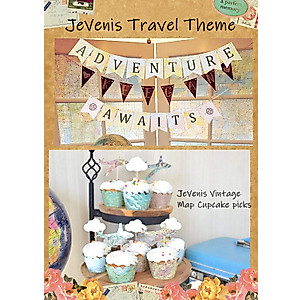 JeVenis Adventure Awaits Banner Bon Voyage Banner Travel Theme Banner World Map Travel Themed Baby Shower Banner Vintage Atlas Map Banner for Bridal Shower Graduation Party Moving Party