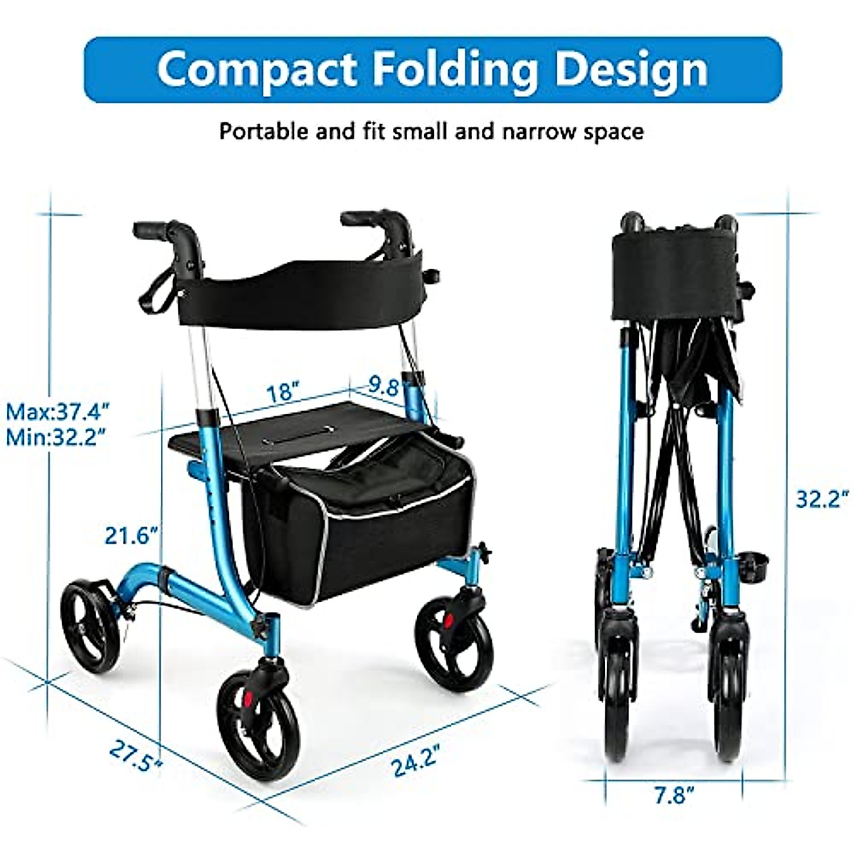 RINKMO Rollator Walkers for Seniors- Rollator Walker with Seat 8" Wheels- Easy Folding Senior Walker with Backrest- Lightweight Mobility Walking Aid for Adult Elderly, Aluminum Frame, Blue
