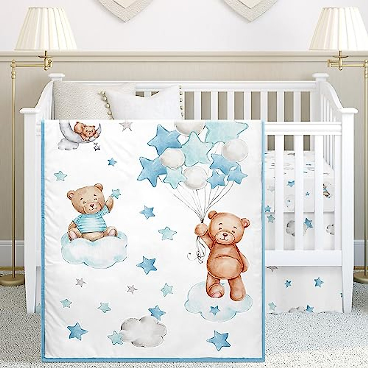 Mixweer 3 Pcs Cloud Balloon Bear Theme Crib Bedding Set for Boys Baby Nursery Mini Crib Bedding Set Comforter Sets Blue Gender Neutral Standard Size Crib Fitted Sheet, Comforter, Crib Skirt, for Girl