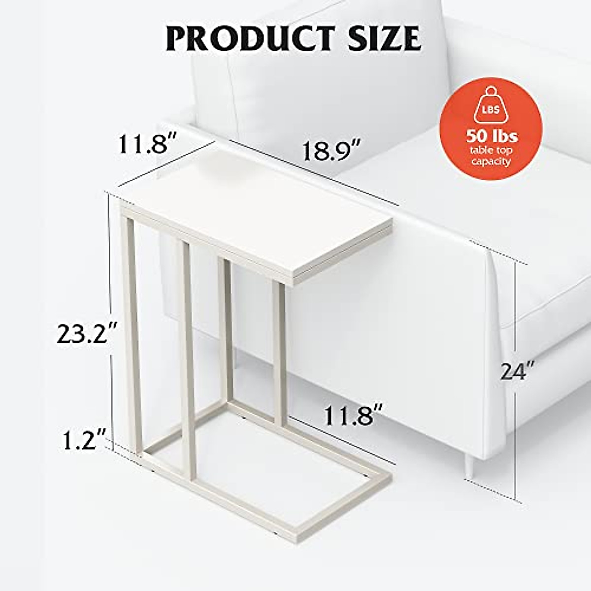 WLIVE Side Table, C Shaped End Table for Couch, Sofa and Bed, Large Desktop C Table for Living Room, Bedroom, Creamy White and Black