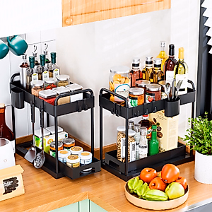 Under Sink Organizers and Storage, 2 Pack 2 Tier Kitchen Organization with Pull out Sliding Drawer, Storage Cabinet Basket Shelves Organizer Home Essential for Bathroom, Laundry, Makeup Vanity, Office