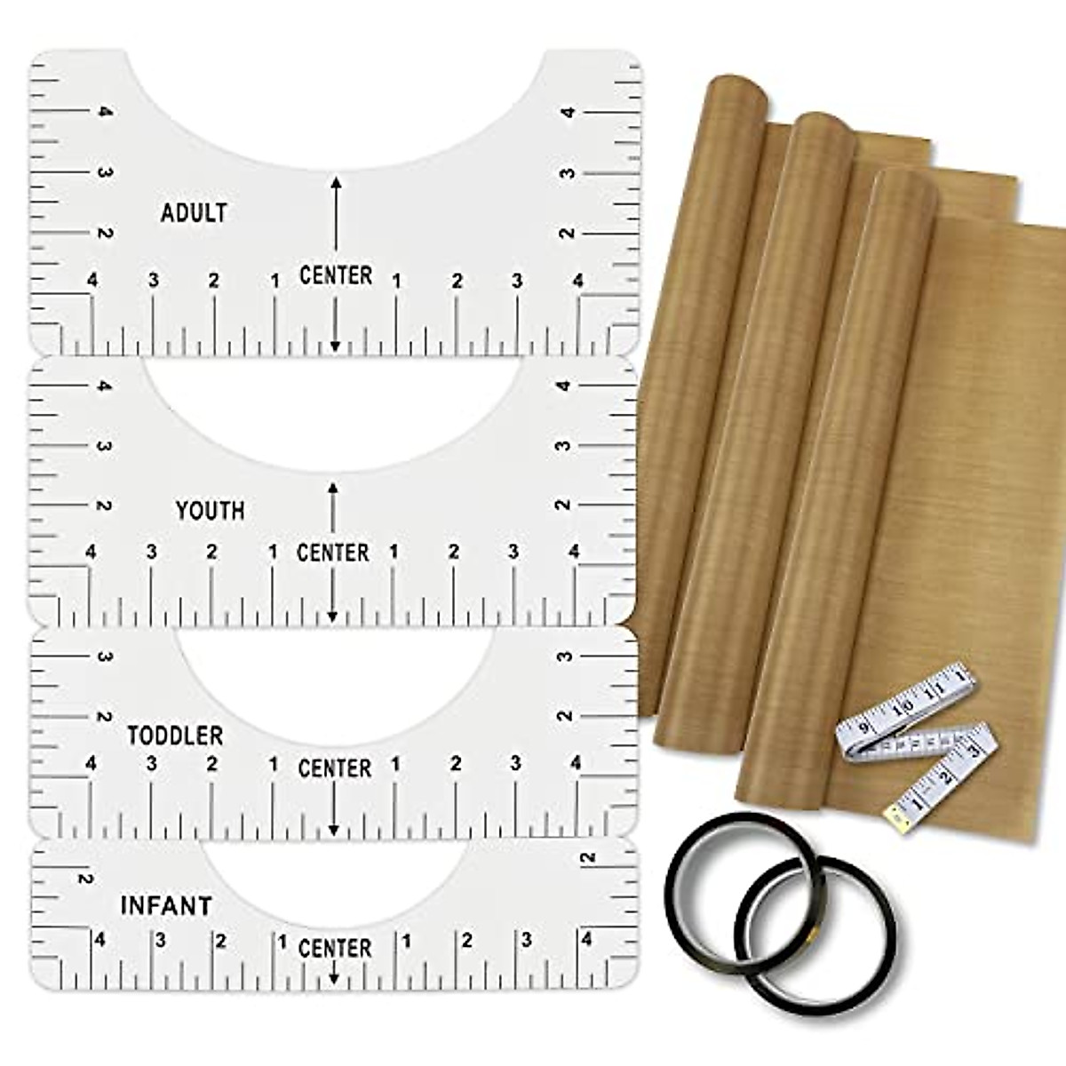 T-Shirt Alignment Ruler Heat Resistant Tape 10mm X 33m 108ft, PTFE Teflon Transfer Sheet 16 x 20" - 4 Rulers, 2 Rolls Heat Resistant Tape, 3 Packs PTFE Teflon Sheet and 1 Tape Measure Included