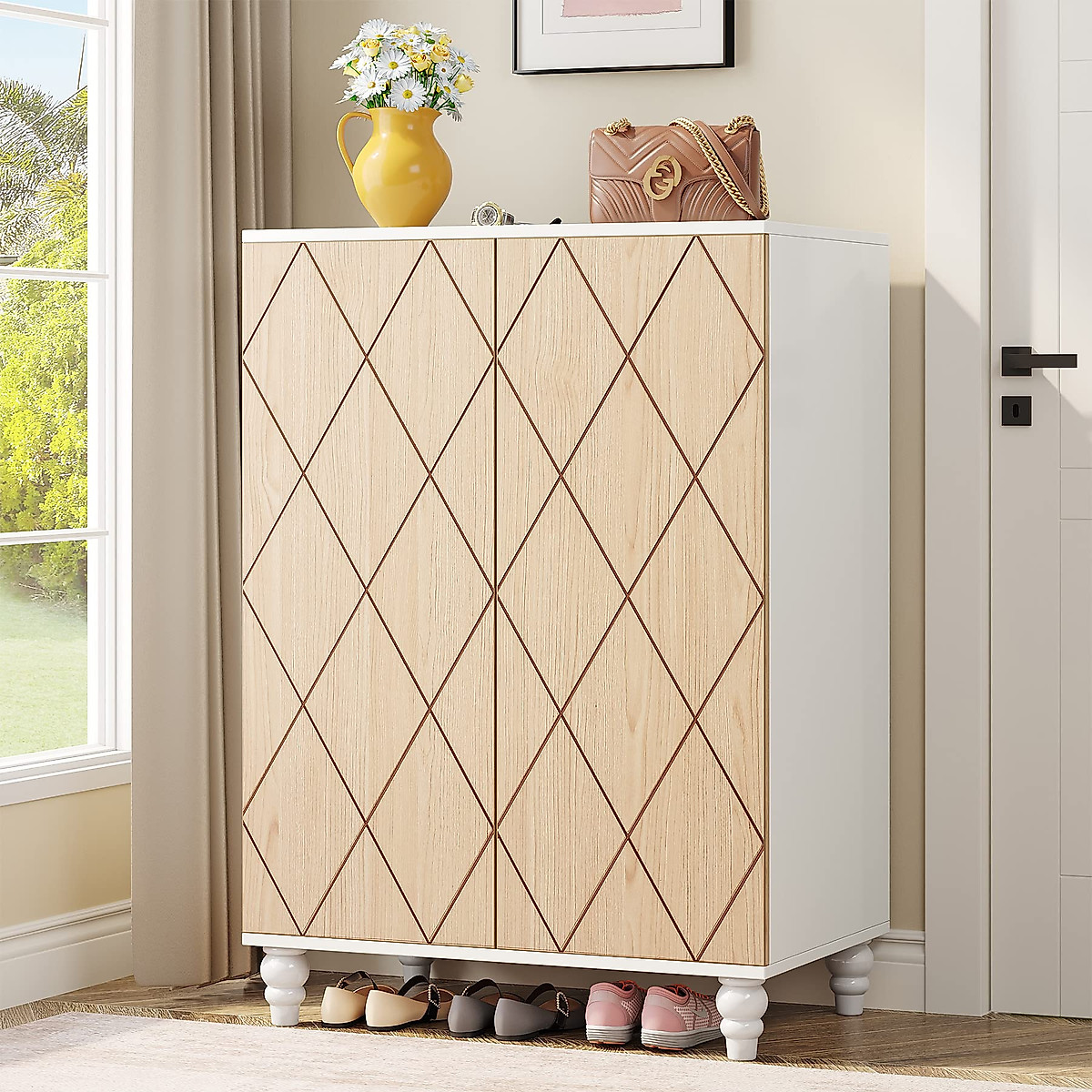 Tribesigns 2-Door Shoe Storage Cabinet with Solid Wood Legs,Wooden Shoes Organizer Cabinets with Adjustable Shelves,Large Capacity Storage Cabinet for Entryway