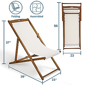 Dkelincs Beach Sling Chair Set of 2, Outdoor Folding Wood Sling Chair with White Polyester Canvas and Sturdy Wooden Frame, 3 Level Adjustable Height Patio Lounge Chair