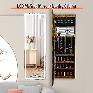 Ntufrest Jewelry Organizer with Led Mirror, 6 LEDs Mirror Jewelry Cabinet,Wall/Door Mounted Jewelry Armoires for Women, Full Length Mirror with Jewelry Storage，Magnetic Lock