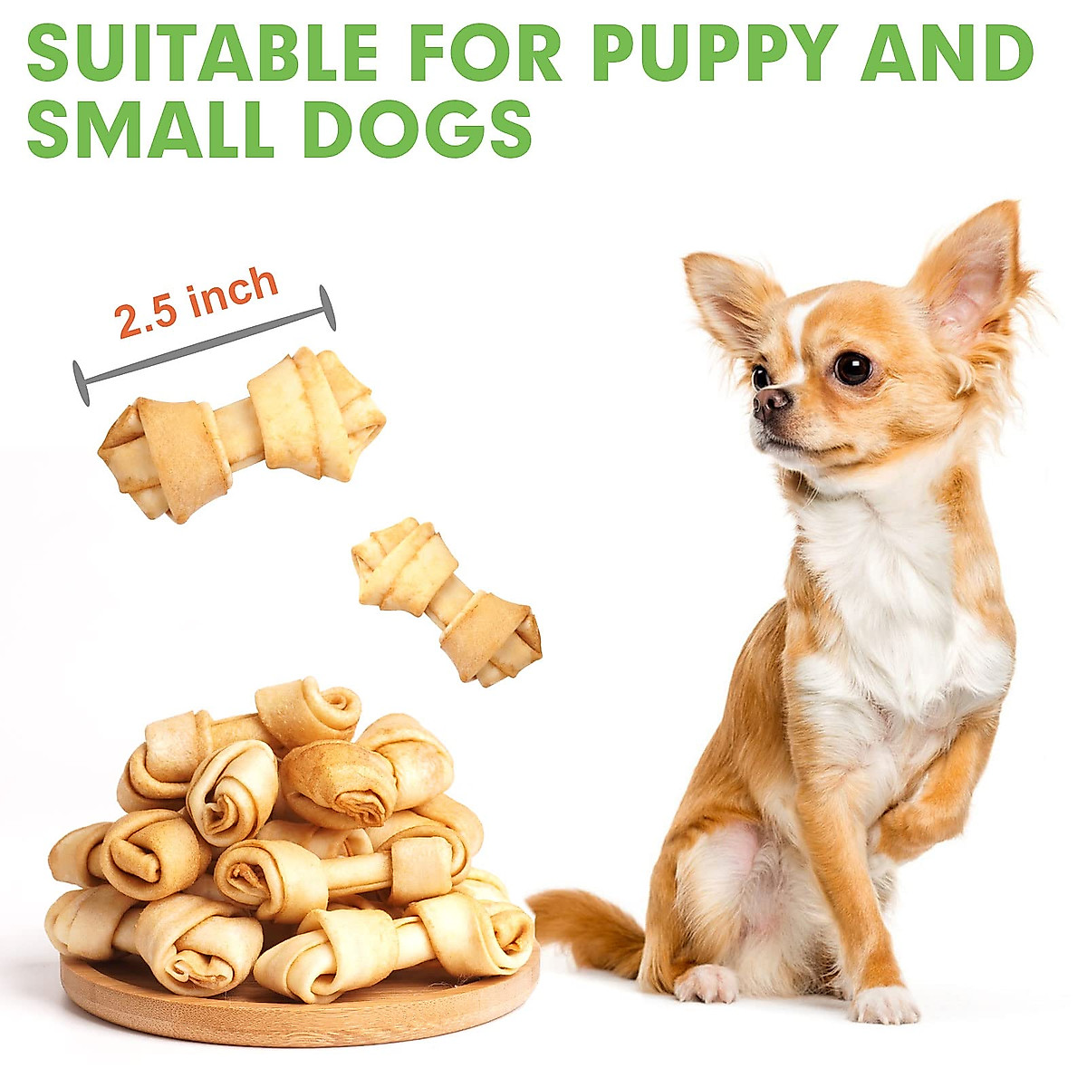 MON2SUN Dog Rawhide Knot Bones Small Rawhide Bones Mini Dog Chews Chicken Flavour 2.5 Inch 100 Count for Puppy and Small Dogs