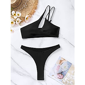 Palmipeta Sexy Brazilian Thong Bikini Sets for Women High Cut Leg Rise Two Pieces One Shoulder Swimsuit Cutout Bathing Suits Cute Black M