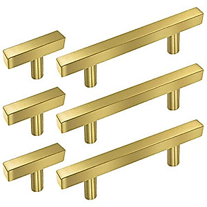 SUNRIVER 20 Pack Hollow Brushed Brass Golden Square Bar Cabinet Handles Pulls 10pcs Gold Hardware Cabinets Pulls 5" and 10pcs Stainless Steel 2" Cabinet Handles T Bar Pulls for Bathroom