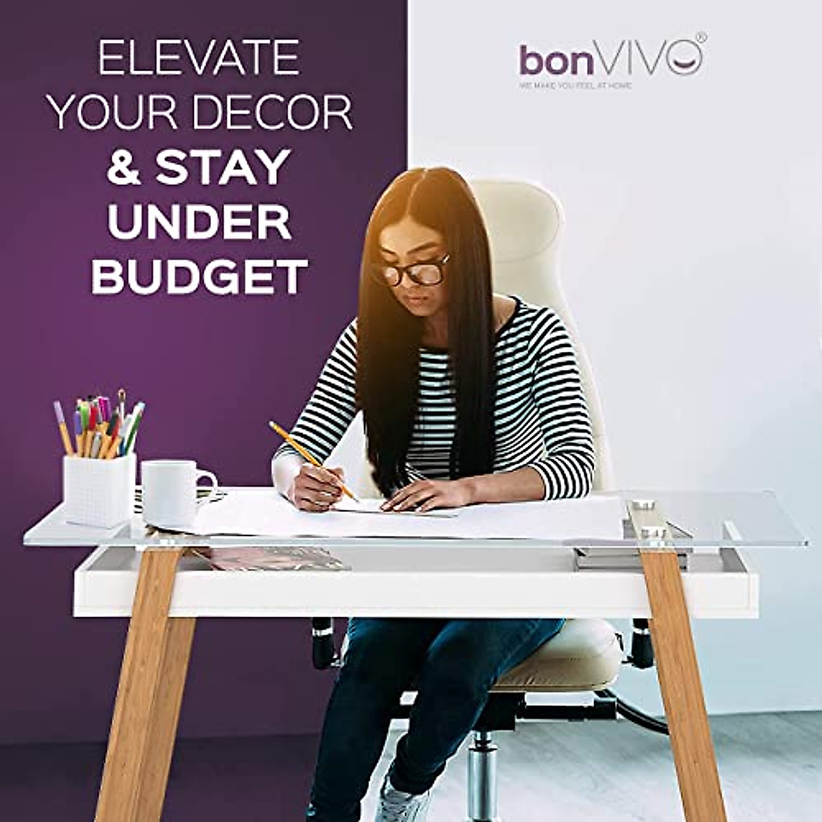 bonVIVO Massimo Small Desk - 43 Inch, Modern Computer Desk for Small Spaces, Living Room, Office and Bedroom - Study Table w/Glass Top and Shelf Space - White