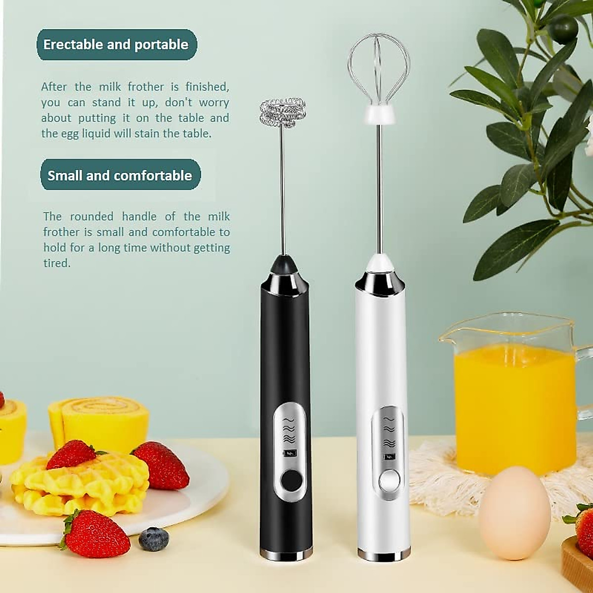 JrundMsoxz Rechargeable Milk Frother, 3-Speed Electric Handheld Frother for Coffee with 2 Whisks and Coffee Decoration Tool, Coffee Frother Mixer, Stand-up Design, for Cream, Latte, Cappuccino (White)
