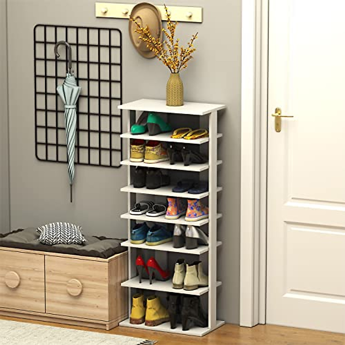 Tangkula 7 Tiers Vertical Shoe Rack, Patented Entryway Wooden Shoes Racks, Modern Shoe Rack Organizer, Space Saving Shoes Storage Stand for Front Door (White, Double)