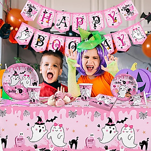 142Pcs Halloween Party Tableware Decorations Happy Boo Day Tableware Set Pink Halloween Ghost Party Supplies Halloween Birthday Tableware Plates Napkins Cups Banner for Kids …
