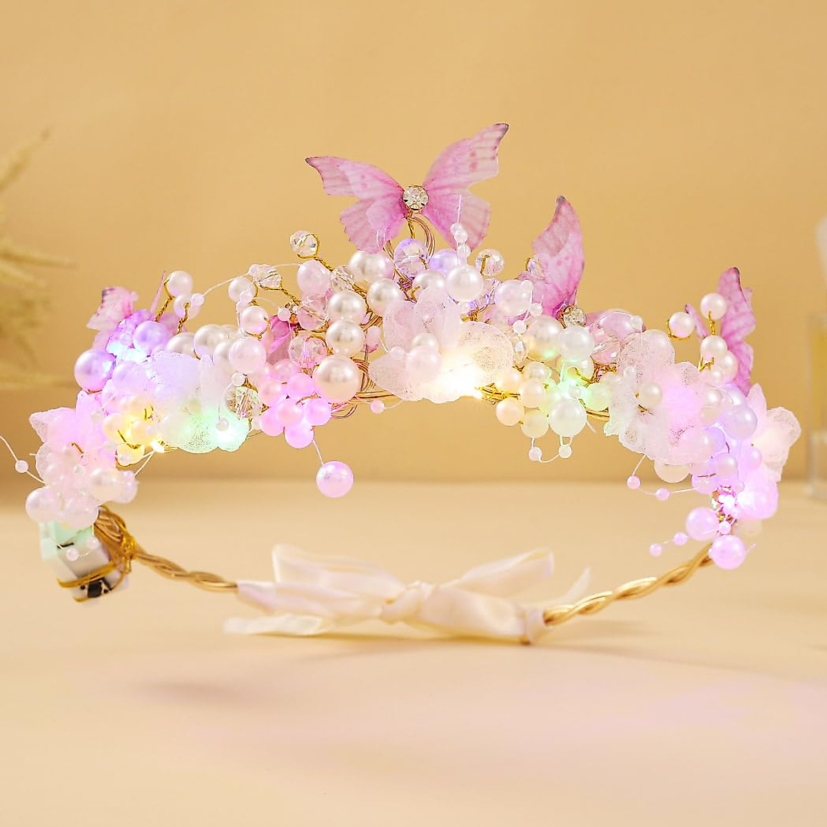 Yean Light up Butterfly Fairy Headband Pearl Princess Tiara LED Crystal Festival Hair Accessories for Women and Girls