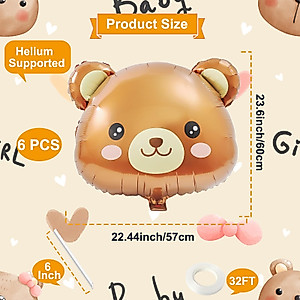 6-Pack 22-Inch Bear Head Aluminum Foil Balloons - Brown Bear Shaped Mylar Balloons for Jungle Woodland Animal Farm Safari Theme Party Decorations, Baby Shower, Gender Reveal and Birthday Supplies