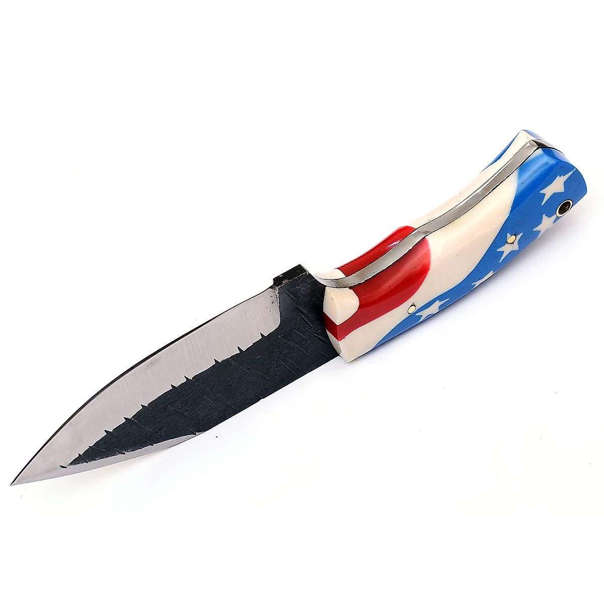 Custom Handmade High Carbon Steel Hunting Skinning Knife Outdoor Camping Hiking Bushcraft Resin American Flag Handle Hand forged Full Tang Knife With Leather Sheath