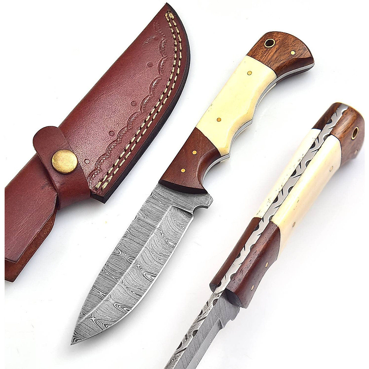 S56- Professional Custom Handmade Damascus Hunting Knife - Best Damascus steel Fixed Blade Hunting Skinning Knife Camping, Survival Knife with Leather Sheath. Overall Length 9” Blade 4” & Handle5”