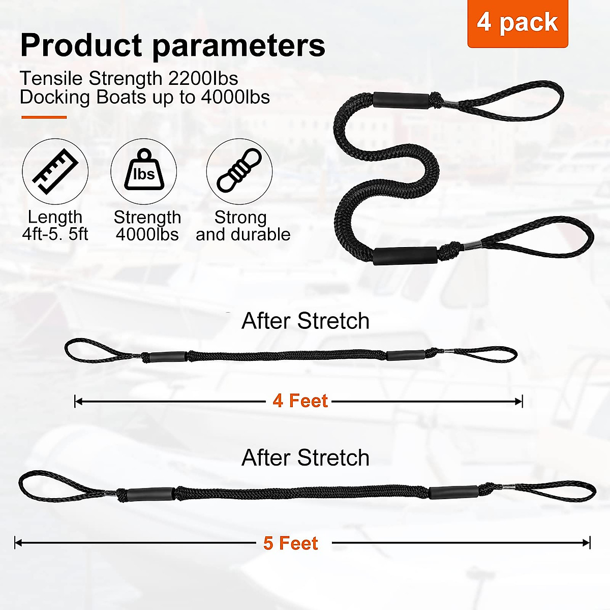 Bungee Dock Lines - Boat Accessories - 4 Feet Bungee Shock Cords Bungee Docking Rope Mooring Rope for Boat,PWC,Jet ski,Pontoon,Kayak,Canoe,Power Boat,Watercraft (4 Packs)